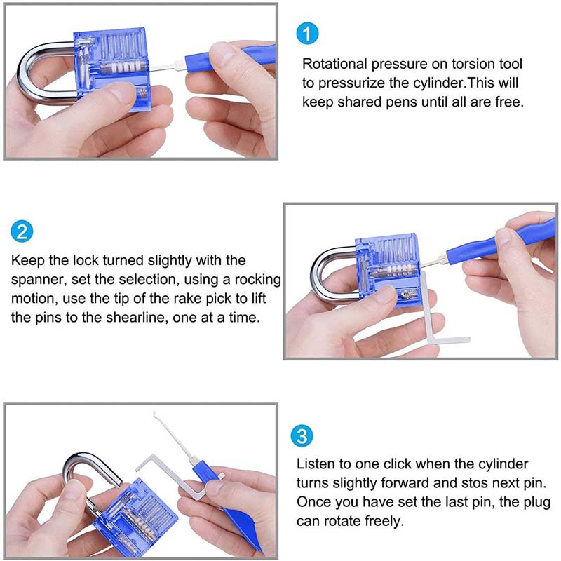 24 Pieces Lock Picking Tools Set with Blue Transparent Practice Padlock