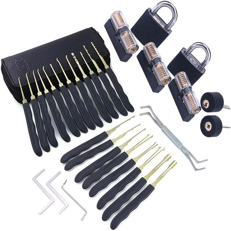 31 Pieces Lock Pick Set includes 7 Pieces Transparent Practice Locks withe Black Holster