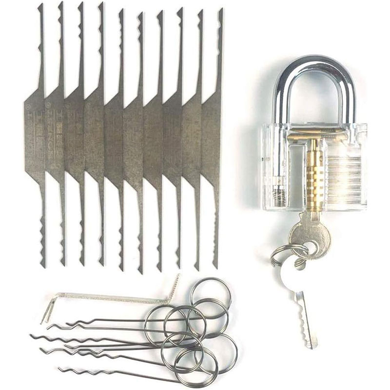 18 Pieces Lock Pick Rake Set includes Transparent Practice Padlock